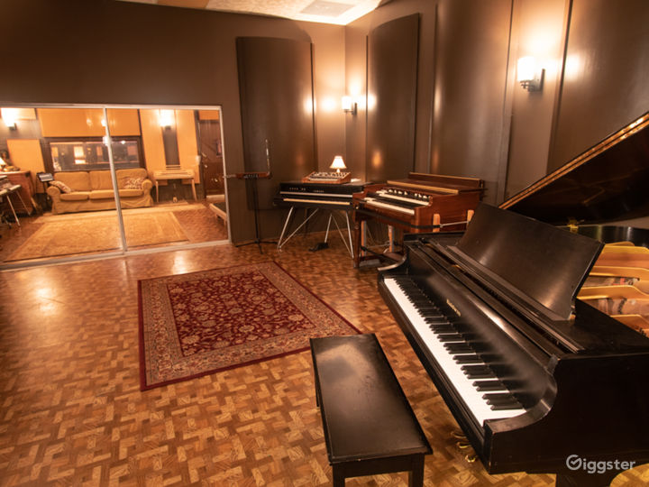 Vintage recording studio with grand piano | Rent this location on Giggster