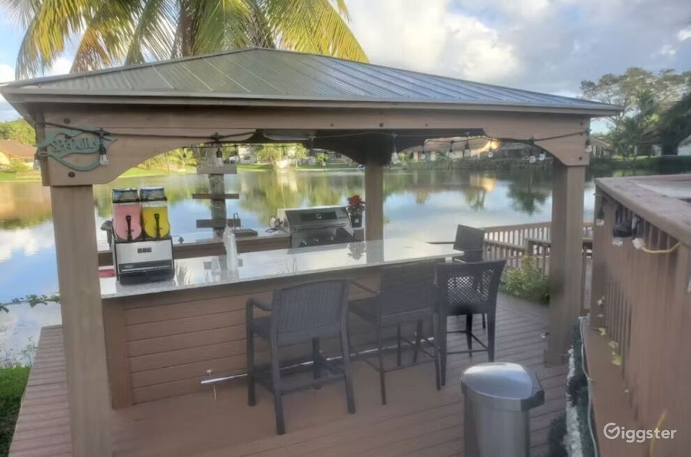 Fancy relaxation pool with lake beside | Rent this location on Giggster