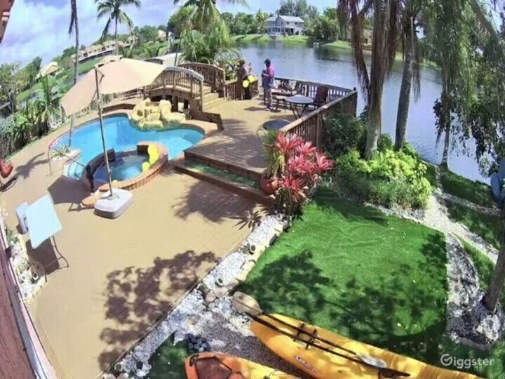 Fancy relaxation pool with lake beside | Rent this location on Giggster