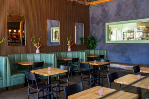 Downtown Bi-Level Restaurant with Brick Floors and Art Deco, Mid ...