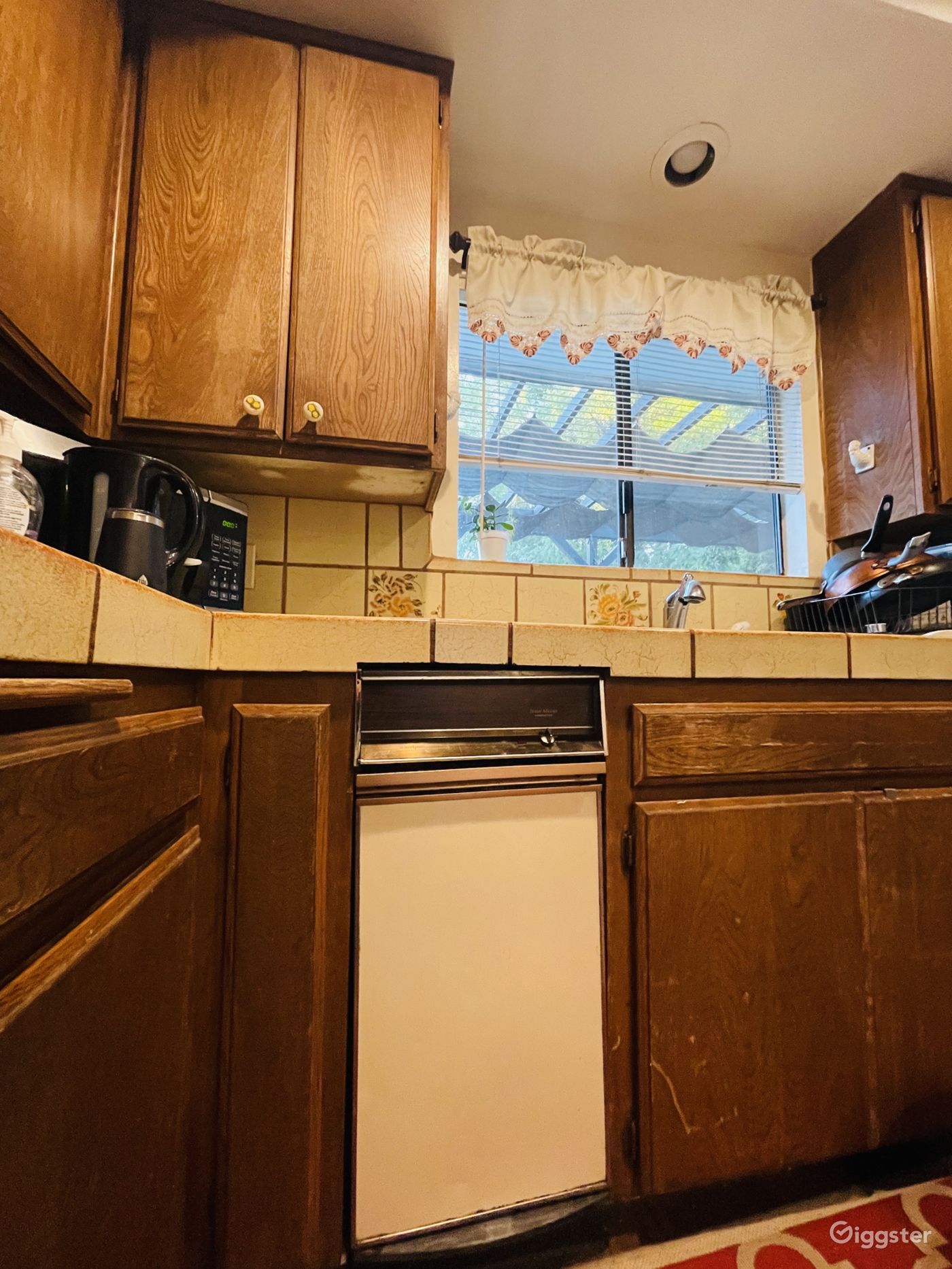Charming 80’s Kitchen! Wood cabinets, tile countertops and range hood ...
