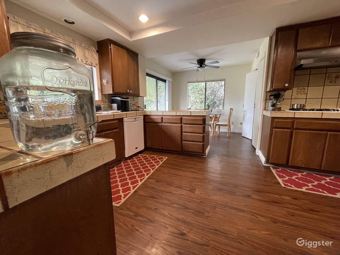 Charming 80’s Kitchen! Wood cabinets, tile countertops and range hood ...