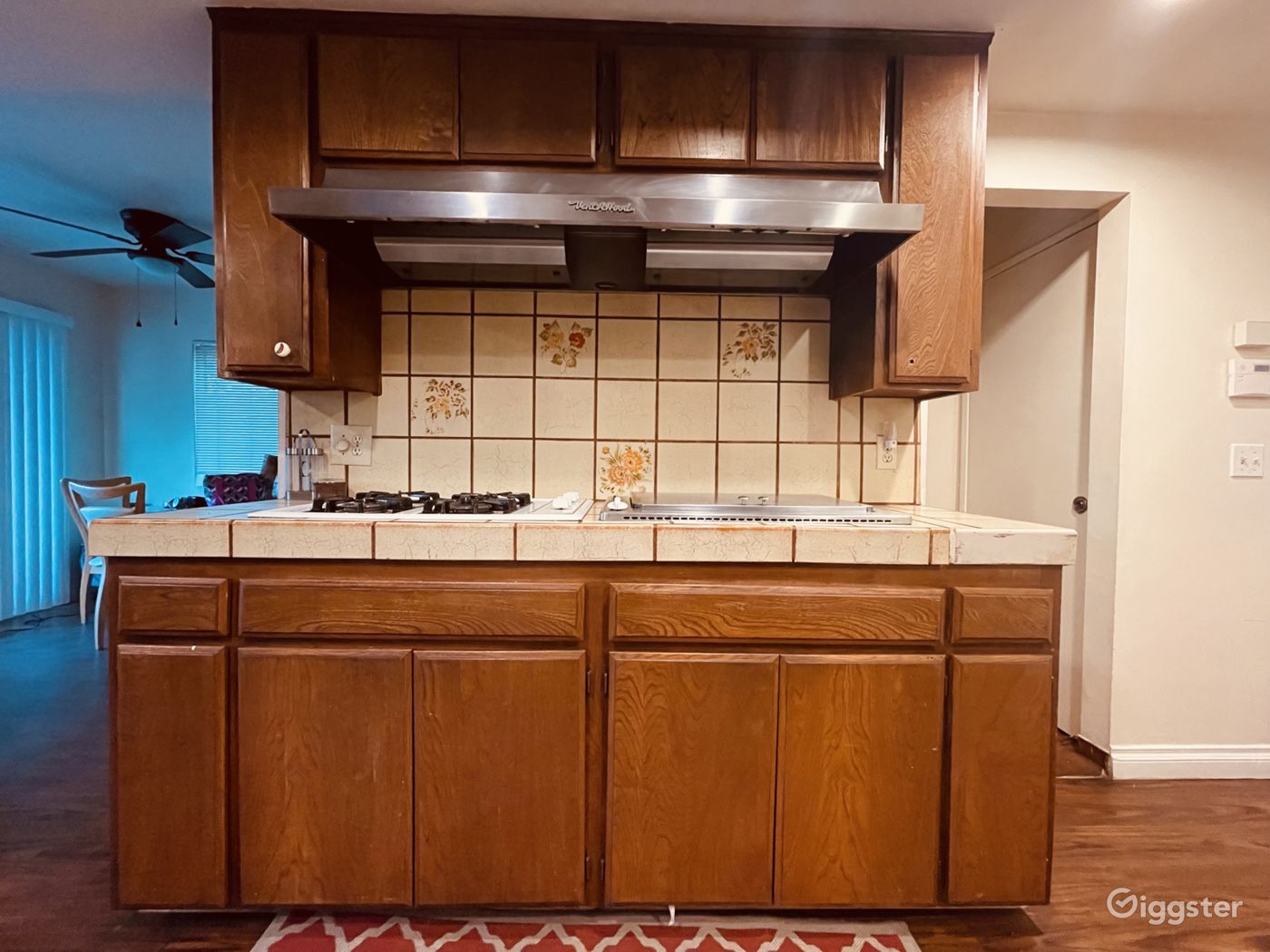 Charming 80’s Kitchen! Wood cabinets, tile countertops and range hood ...