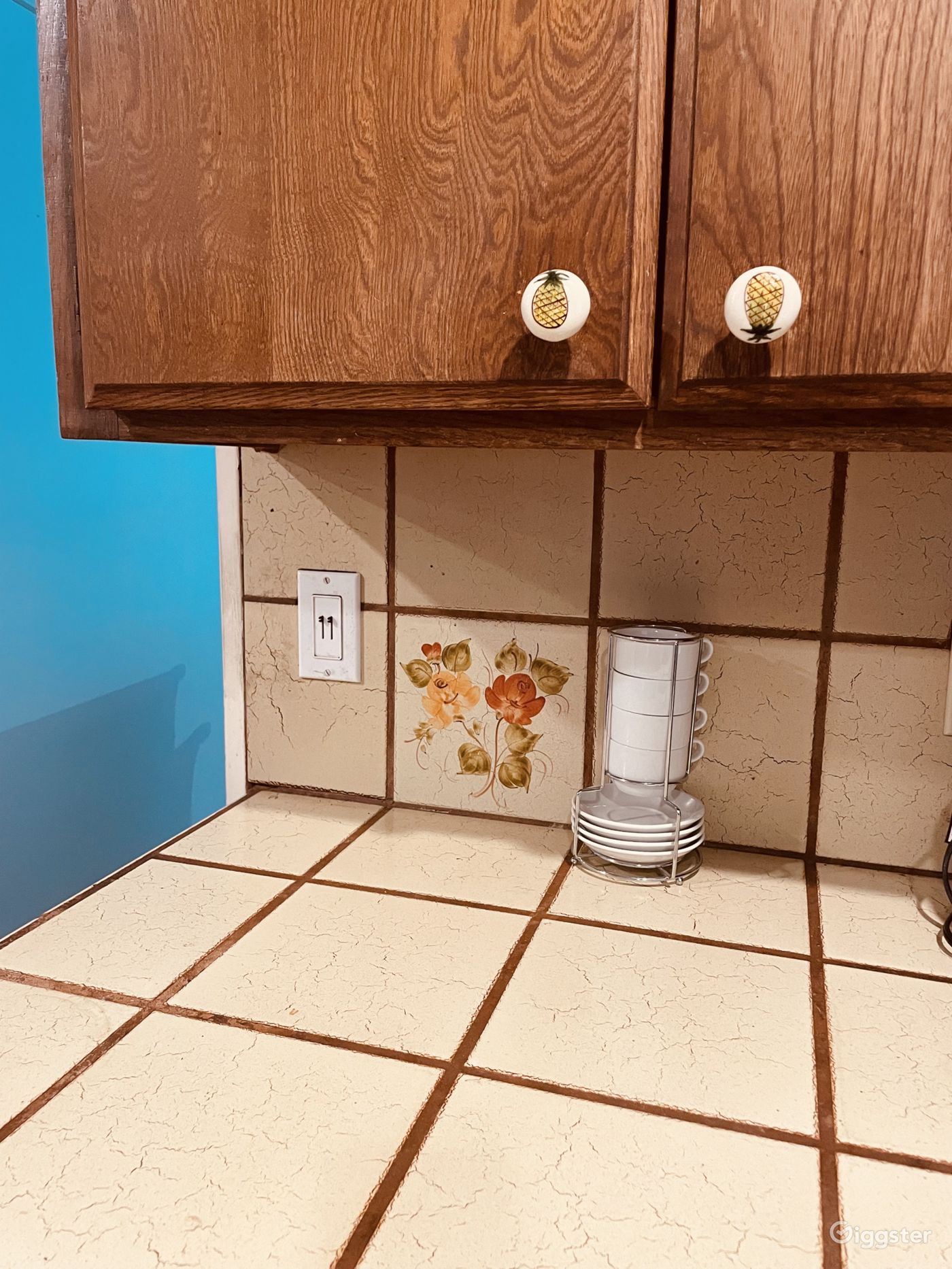 Charming 80’s Kitchen! Wood cabinets, tile countertops and range hood ...