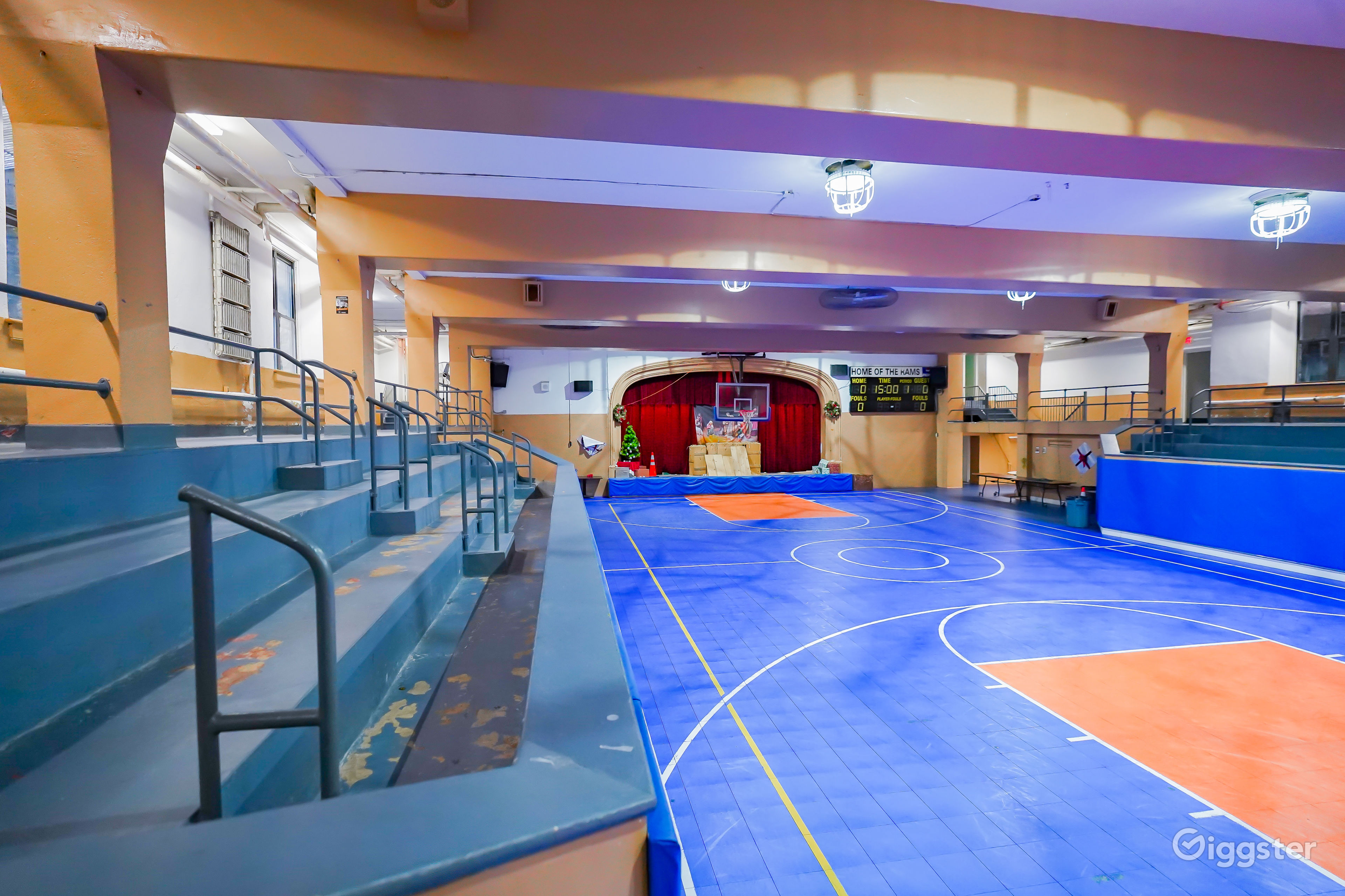 Blue Basketball Court with Arena, Stage | Rent this location on Giggster